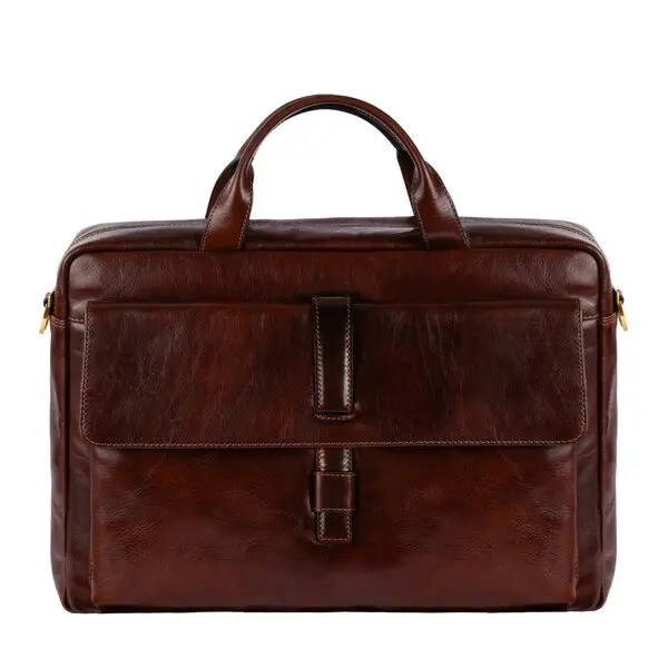 TIME RESISTANCE Large Leather Briefcase Laptop Bag The Chateau - Brown