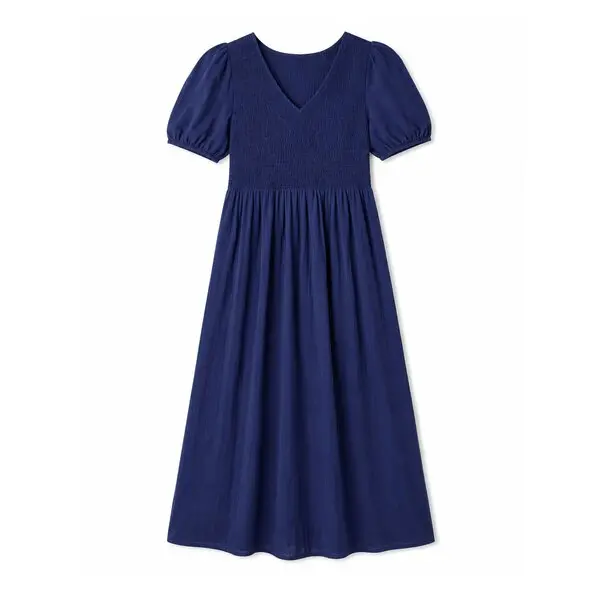 YUMI Navy Double Cotton Ruched Midi Dress