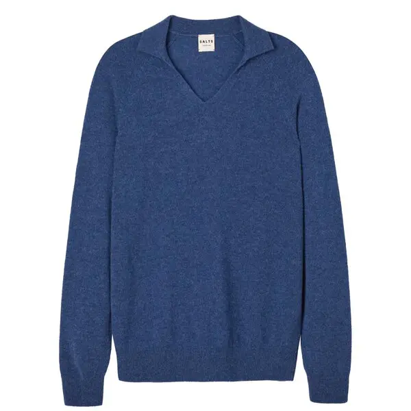 SALTS CASHMERE Split Neck Polo Sweater Denim - Blue