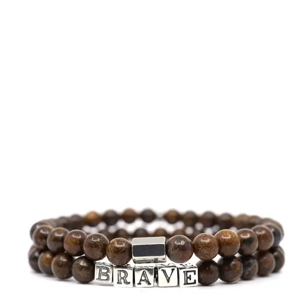 Shar Oke Brown / Silver Bronzite & Brave Word Beaded Bracelet Set - Brown/silver