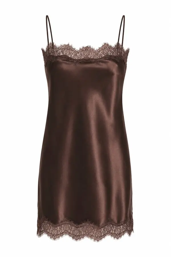 LILY ROU Chocolate Lace Trim Mini Silk Slip Dress - Brown