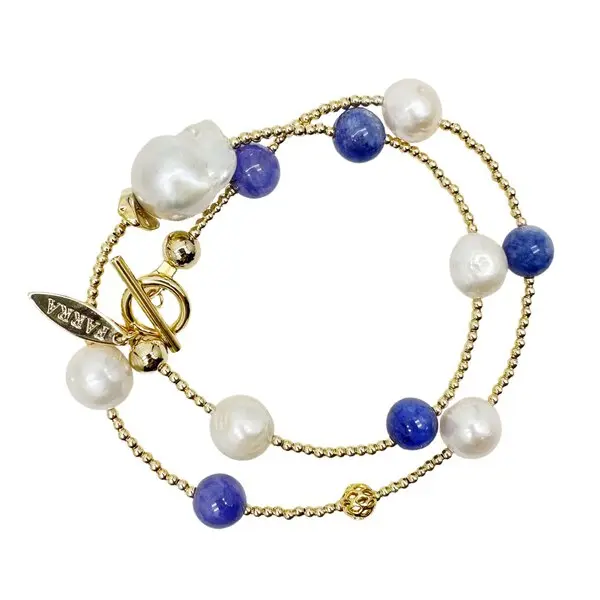 FARRA Blue / White Versatile Blue Jade And Baroque Pearls Double Layer Bracelet - Blue/white