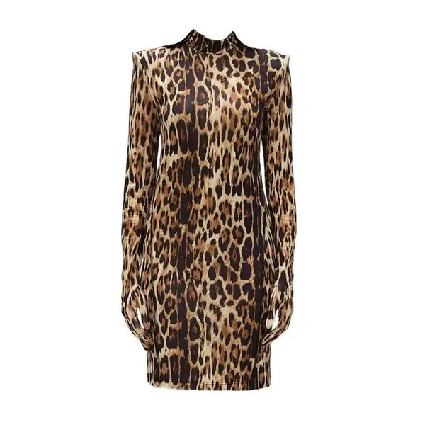 MONOSUIT Viscose Animal Long Sleeve Turtleneck Bodycon Shoulder Pad Party Futuristic Mini Dress With Gloves - Brown