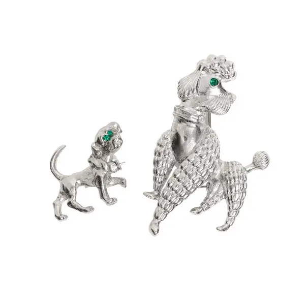 CARAMEL VINTAGE JEWELLERY Plated Poodle & Puppy Brooch Pair - Silver