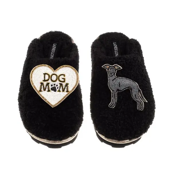 LAINES LONDON Teddy Closed Toe Slippers With Dog Mum/mom & Blue Italian Greyhound Brooches - Black