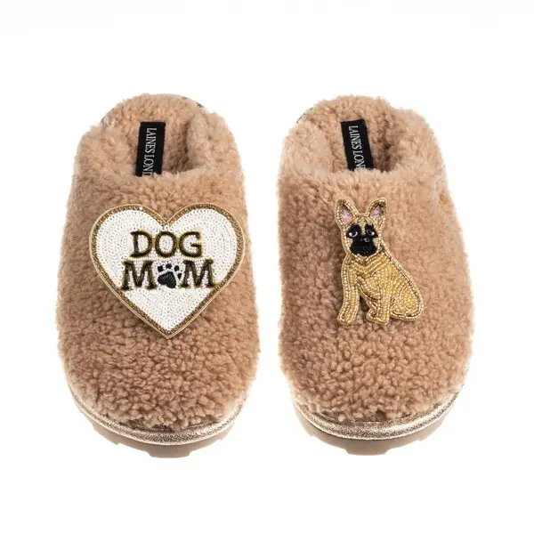 LAINES LONDON Neutrals Teddy Closed Toe Slippers With Dog Mum/mom & Fawn French Bulldog Brooches Toffee - Brown
