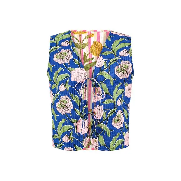 YUMI Navy Flower Reversible Cotton Quilted Waistcoat - Blue