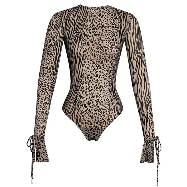 MISS CIRCLE NEW YORK Ibera Animal Print Burnout Velvet Long Sleeve Bodysuit - Brown