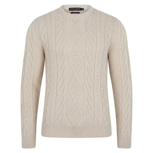 PAUL JAMES KNITWEAR Neutrals Chunky Merino Wool Cameron Cable Jumper Ecru - Beige