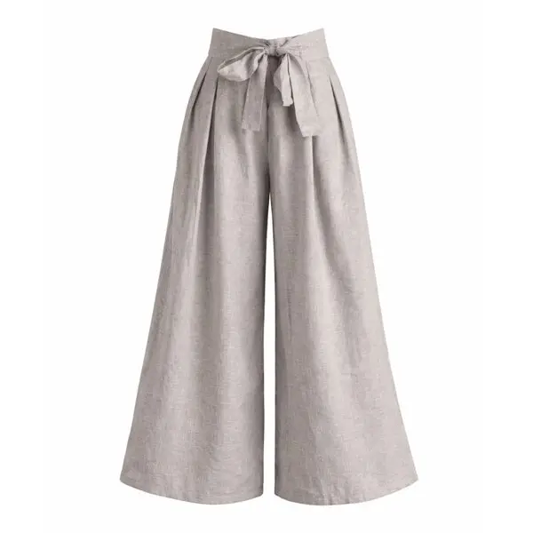 NIKKA PLACE Linen Gaucho Summer Trousers With Front Tie In Melange Colour - Grey