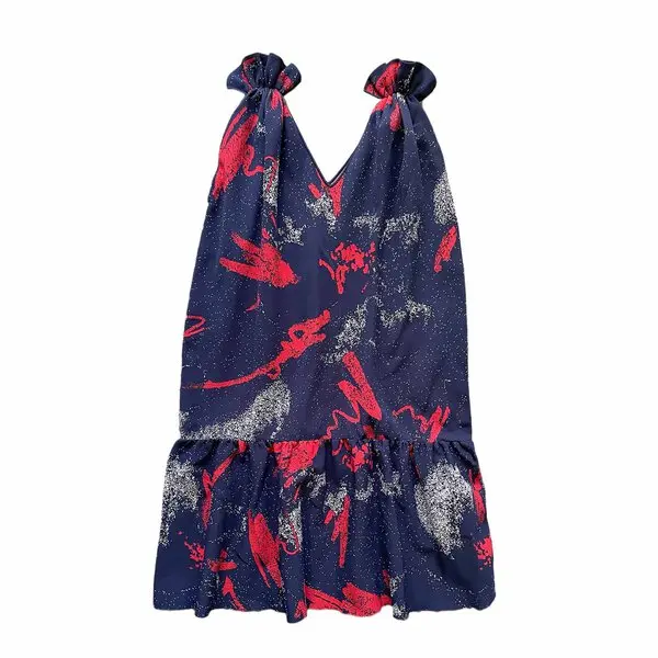 ARTO. Shoulder Ruffles Gathered Floral Midi Dress Navy - Blue