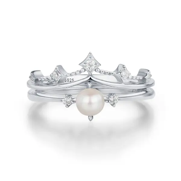 AZURA JEWELRY NEW YORK Astral Glow Pearl Ring Set White Gold Vermeil - Silver