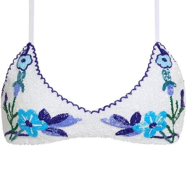 SELF-ADORE Blue / White Euro Summer Hand-beaded Embellished Bikini Top- Blue - Blue/white