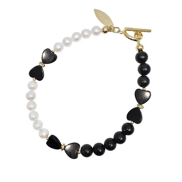 FARRA Bowknot Obsidian And White Freshwater Pearl Bracelet - Black