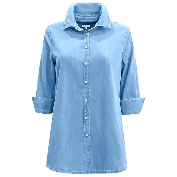 PERLAVERA Ginger Light Washing Denim Three Quarter Sleeve Length Missy Fit Shirt - Blue