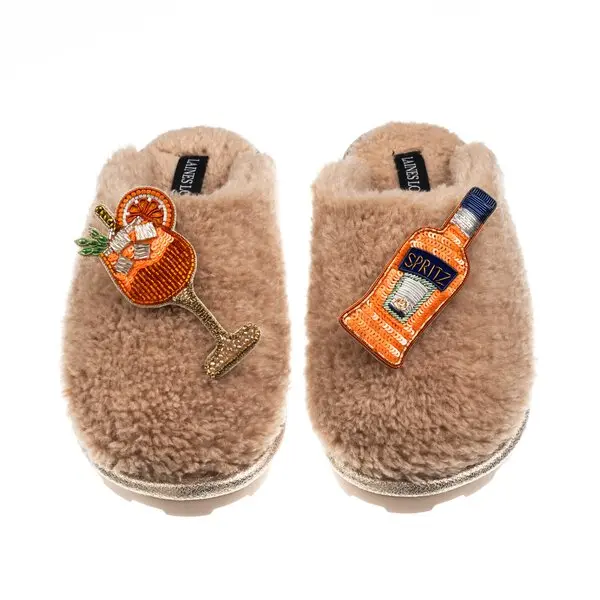 LAINES LONDON Teddy Closed Toe Slippers With Summer Spritzer Brooches Toffee - Brown