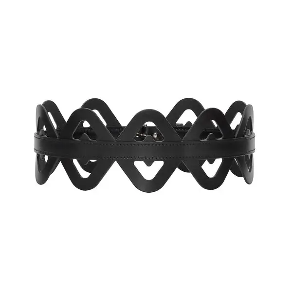 HAUTE CUIR Diamond Cutout Wide Leather Belt - Black