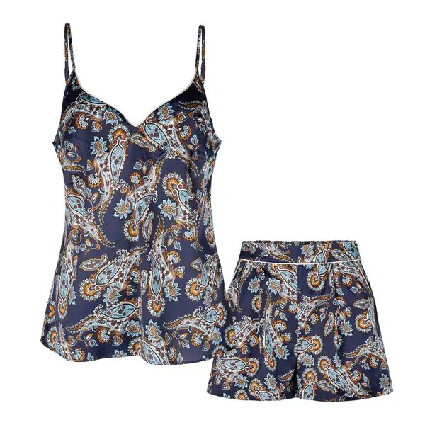 OH!ZUZA NIGHT&DAY Neutrals Silk Short Pajama Set Navy Print - Blue
