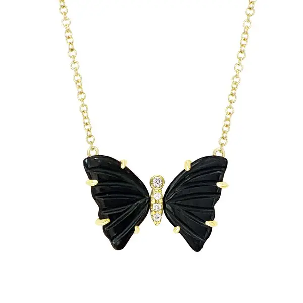 KAMARIA Onyx Butterfly Necklace With Diamonds & Prongs - Black