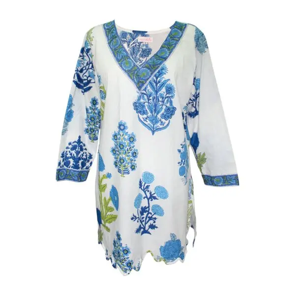 MARY MARSHMALLOW V-neck Scalloped Tunic Floral Bouquet - Blue