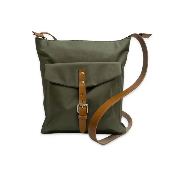 VIDA VIDA Nylon & Leather Messenger Bag Olive & Tan - Green