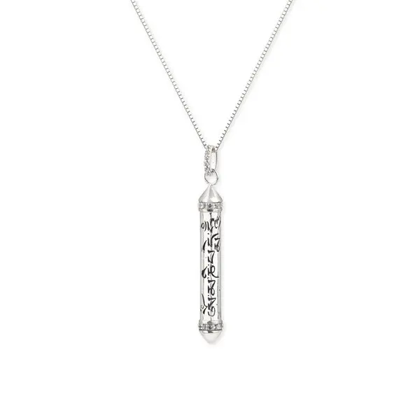 SEVEN SAINTS Silver / Black Om Mani Padme Hum White Topaz Prayer Necklace, White Rhodium - Silver/black
