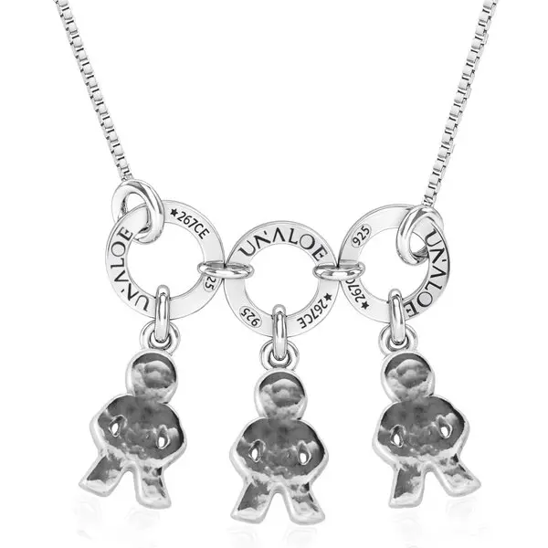 UNALOE Sterling Necklace With Three Baby Charms – Hammered Child Silhouette Pendants, Personalised Family Keepsake Jewellery - Silver