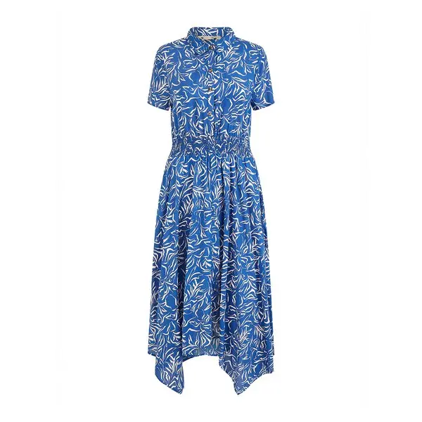 YUMI Leaf Print Dip Hem Midi Shirt Dress - Blue