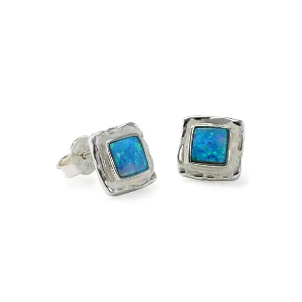 ISLA SILVER Handmade Sterling Silver Square Fire Opal Stud Earrings - Blue