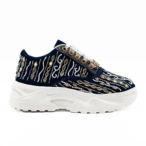 RETTROSE Mia Luxury Dusky Suede Handmade Embellished Trainers - Blue