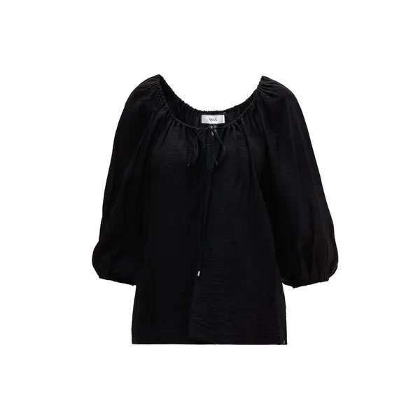 NISSA Puff-sleeve Viscose Top - Black