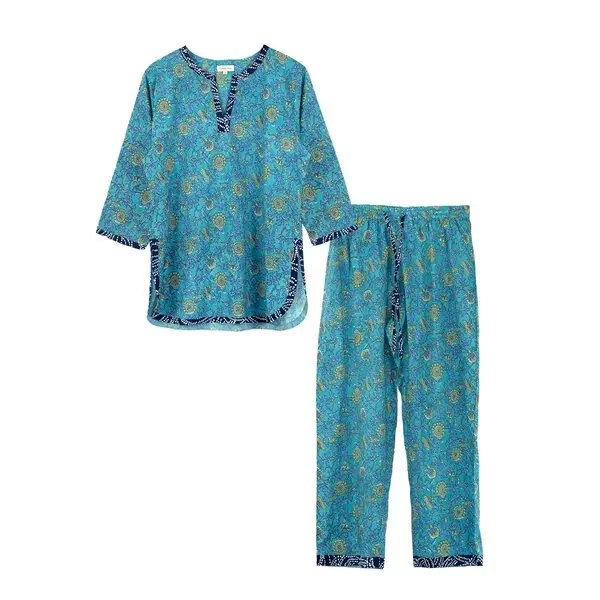 INARA Indian Cotton Waterlily Print Pyjamas - Blue