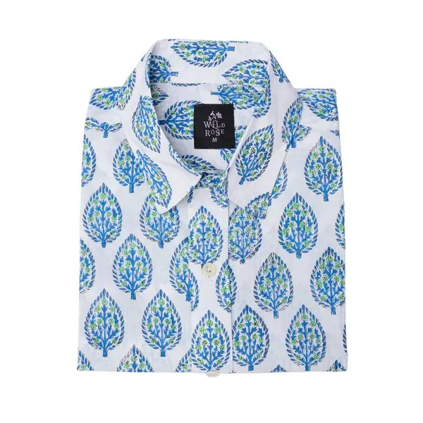 WILD ROSE Blue / White Ol-tarakwa Hand Block Print Cotton Long Sleeved Floral Shirt - Blue/white