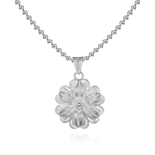 FAR EAST JEWELRY Handcrafted Flower Cluster Peony Necklace - Silver