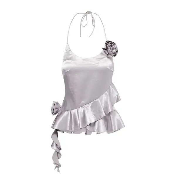 AMY LYNN Grey / Silver Susie Silver Satin Ruffle Flower Detail Top - Grey/silver