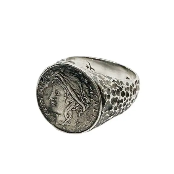 TG-JEWELLERY BY TAMARA GERVASIO Silver / Black Roman Lira Coin Signet Ring – Sterling Silver Artisan Design - Silver/black
