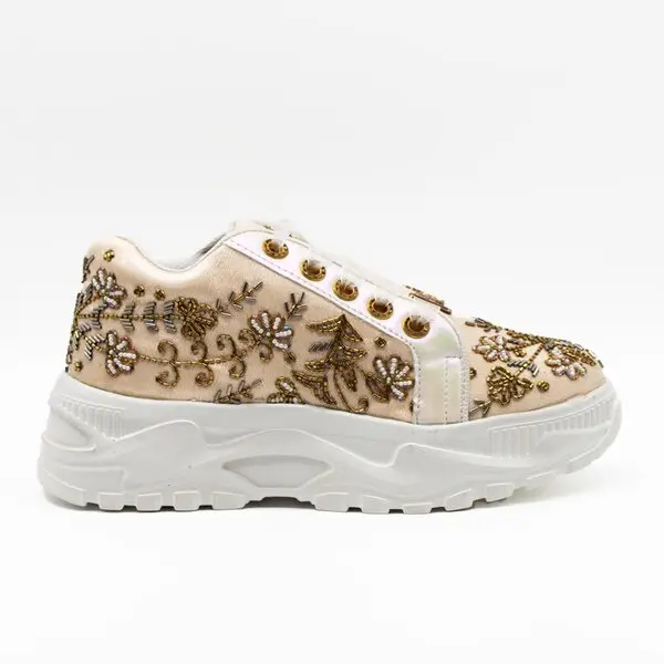 RETTROSE Neutrals Diana Luxury Buttermilk Satin Handmade Embellished Trainer - Black