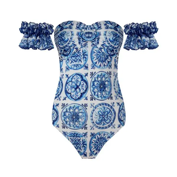 NUR KARAATA Marigold Bleu Blanc Swimsuit - Blue
