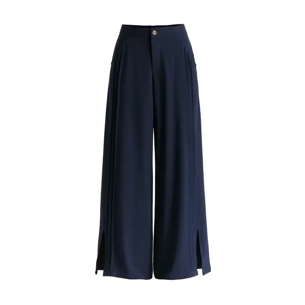 PAISIE Wide Leg Trousers With Side Pleats And Split Hem In Navy - Blue