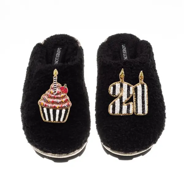 LAINES LONDON Teddy Closed Toe Slippers With Stripe 21st Birthday & Cake Brooches - Black