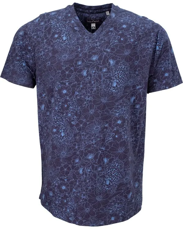LORDS OF HARLECH Maze Outline Floral V-neck Tee Navy - Blue