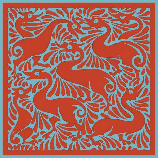 ARTEMIS MUSE Blue / Red William De Morgan Fantastic Ducks Rust & Turquoise Luxury Silk Scarf - Blue/red