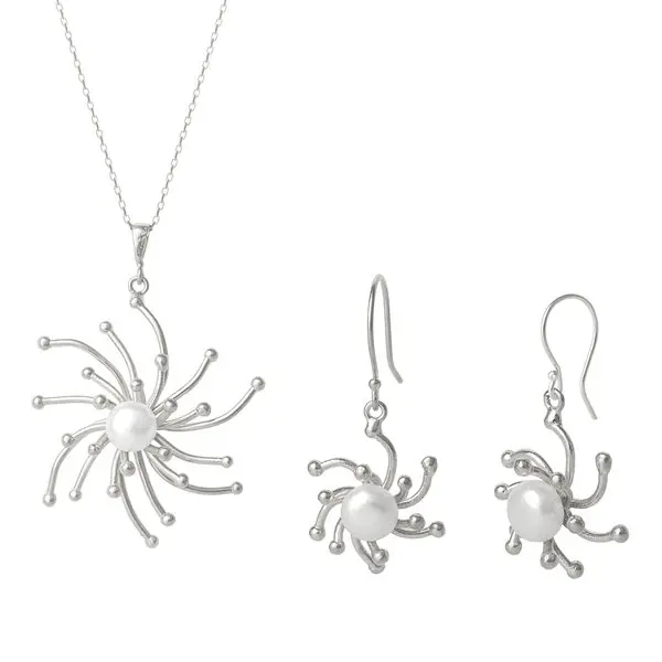 SPERO LONDON Pearl Sun Molten Dripping Sunburst Sterling Pendant Necklace & Drop Earring Set - Silver