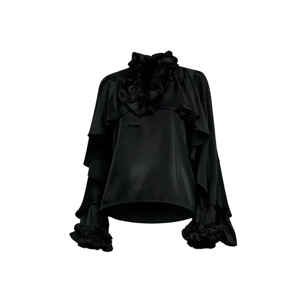 TANTRA SPAIN SL Satin Blouse With Ruffles At The Neck And Cuffs, Ruffle Detail On The Sleeves - Black