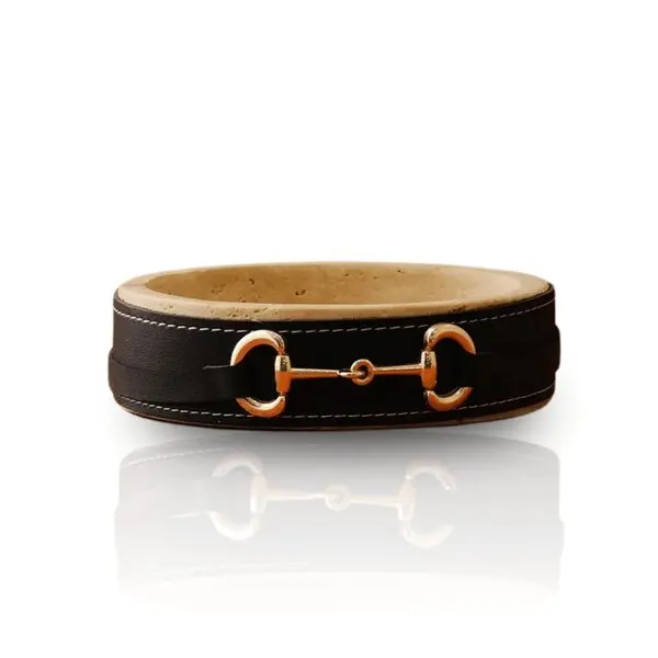 MARLETH Neutrals / Travertine Bowl Tray With Leather Belt & Gold Horse-bit Detail - Black