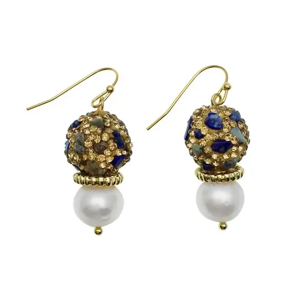 FARRA Blue / White Rhinestones Bordered Lapis With Freshwater Pearl Earrings - Blue/white