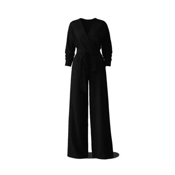 NOLA Mena Wrap Top And Wide Leg Trouser Loungewear Set - Black