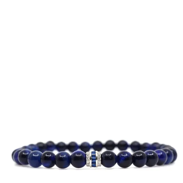 Shar Oke Blue / Silver Blue Tiger's Eye & Sterling Silver Cubic Zirconia Bracelet - Blue/silver