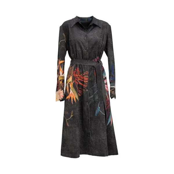 ARTISTA Beauty Washed Corduroy Floral Printed Shirt Dress - Black
