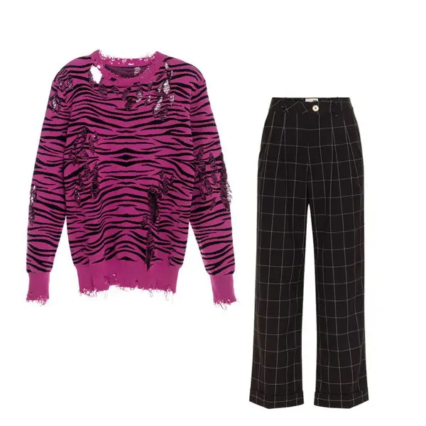 COME ON Animal Print Tailored Tartan Pant - Pink/black